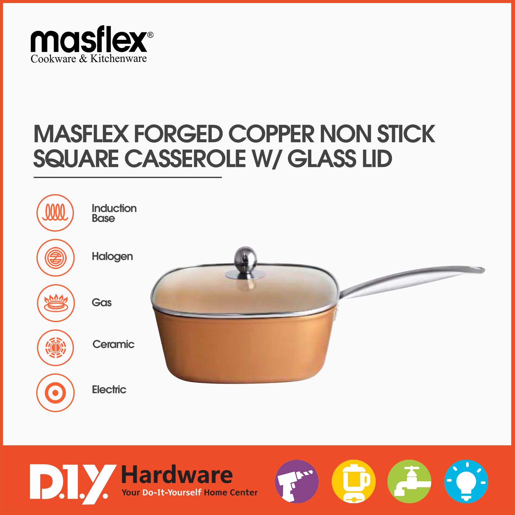 Buy Masflex Forged Copper Induction Square Casserole w/ Glass Lid 24cm ...