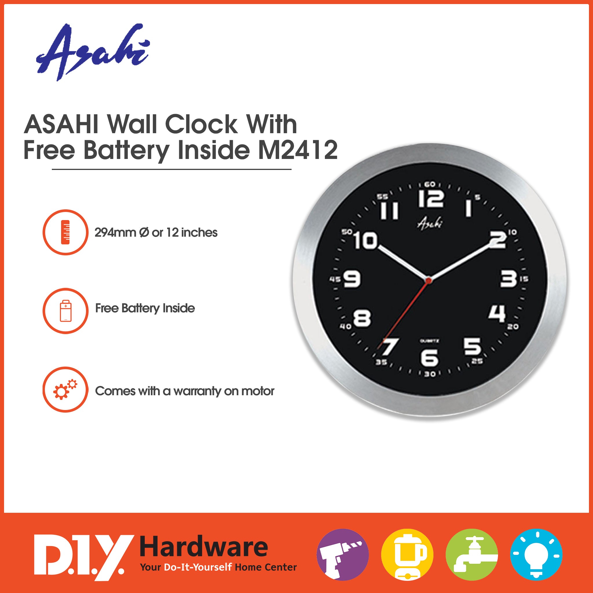 Buy Asahi Wall Clock 12" M2412 BAS Online - DIY Hardware